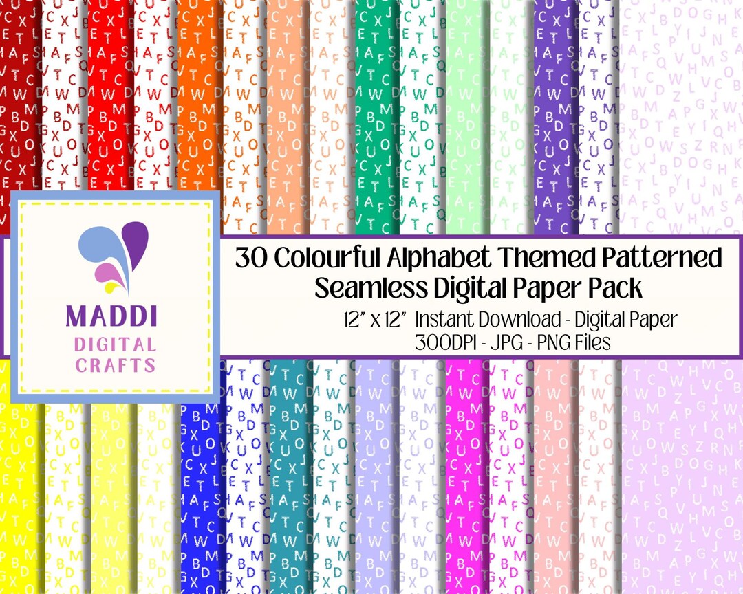 Colourful Alphabet Patterned Printable Paper Digital Education Downloadable 12 X 12 Seamless ...