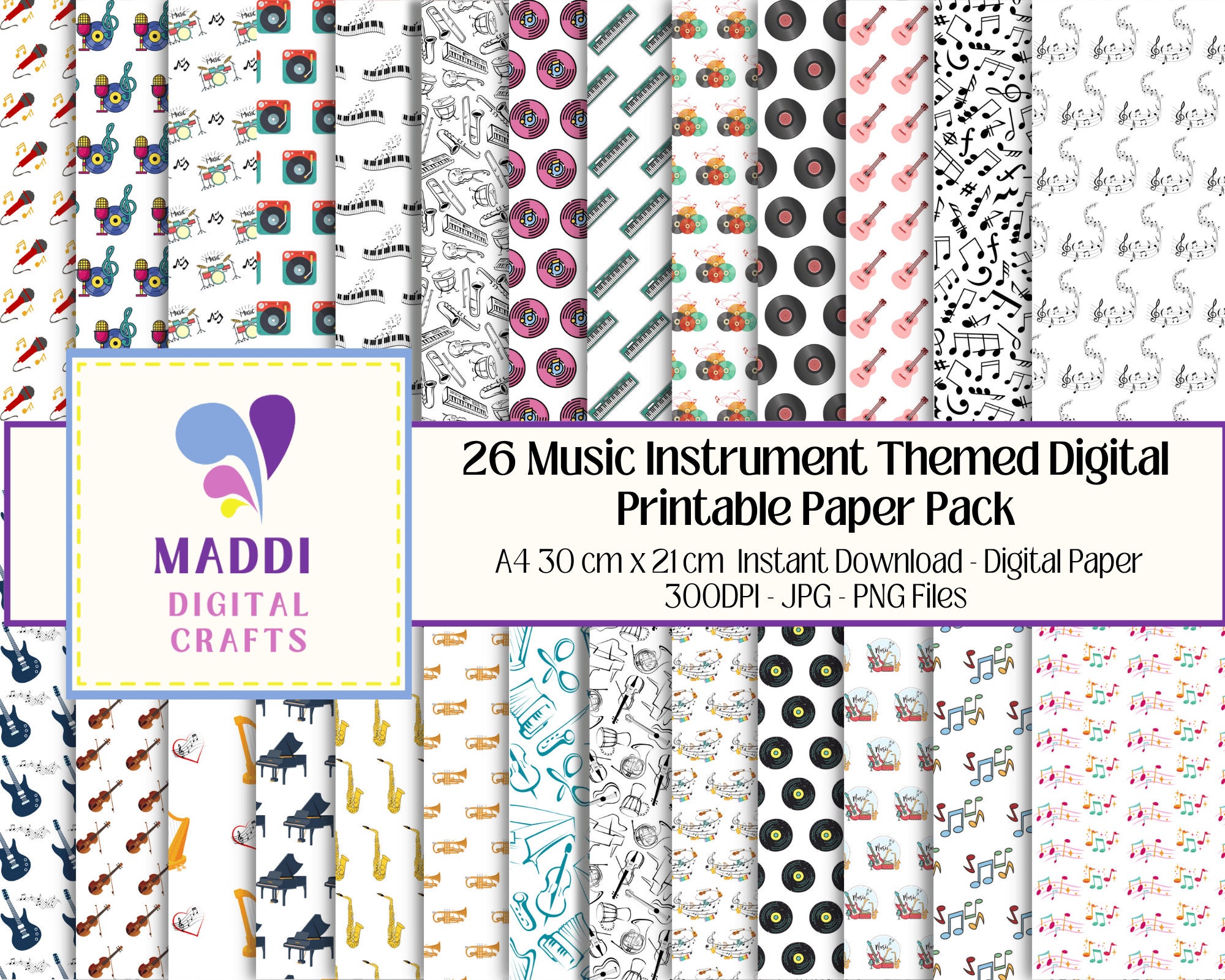 Musical Theme Digital A4 Downloadable Paper Music Patterns Printable ...
