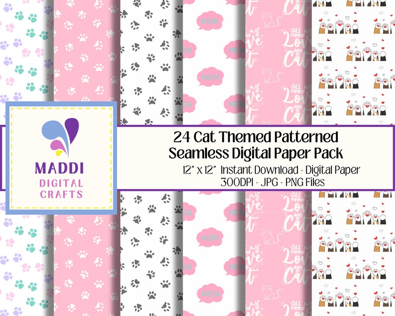 Love Cats Themed Printable Paper Pack Feline Animal Seamless Patterned ...