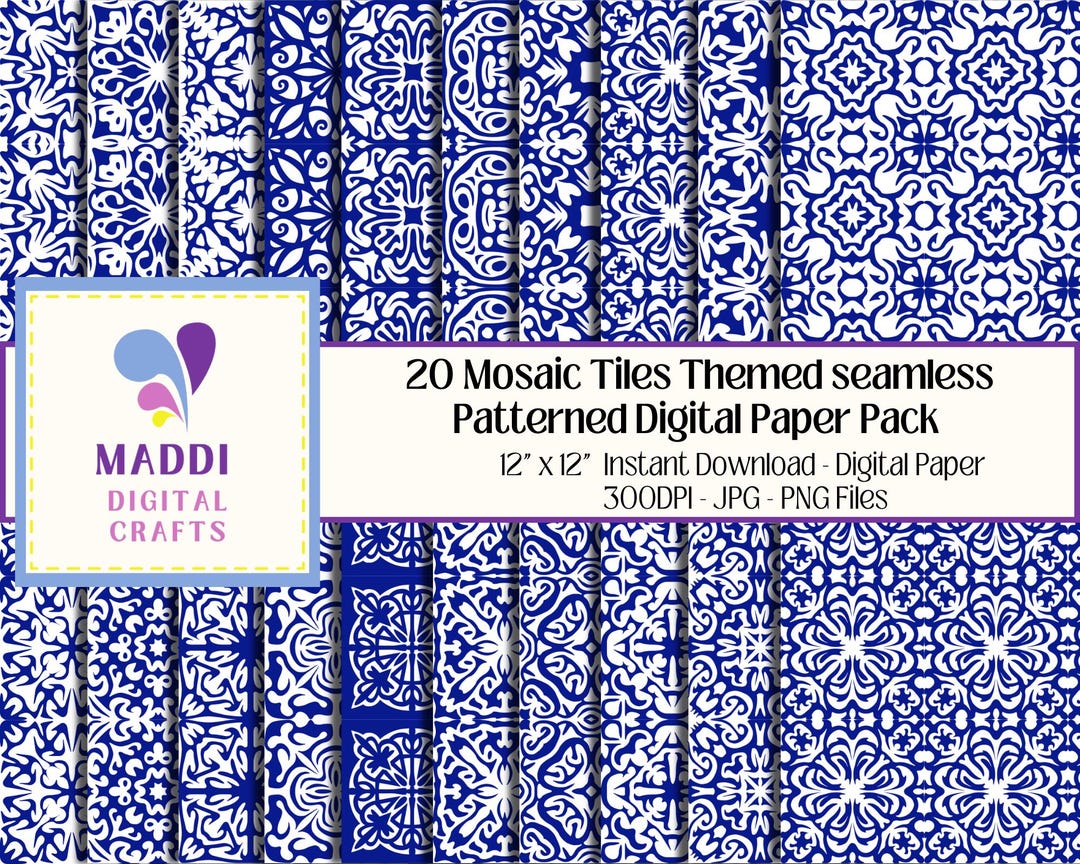 Ceramic Tiles Patterned Printable Paper Digital Mosaic Blue Pattern Downloadable 12 X 12 ...