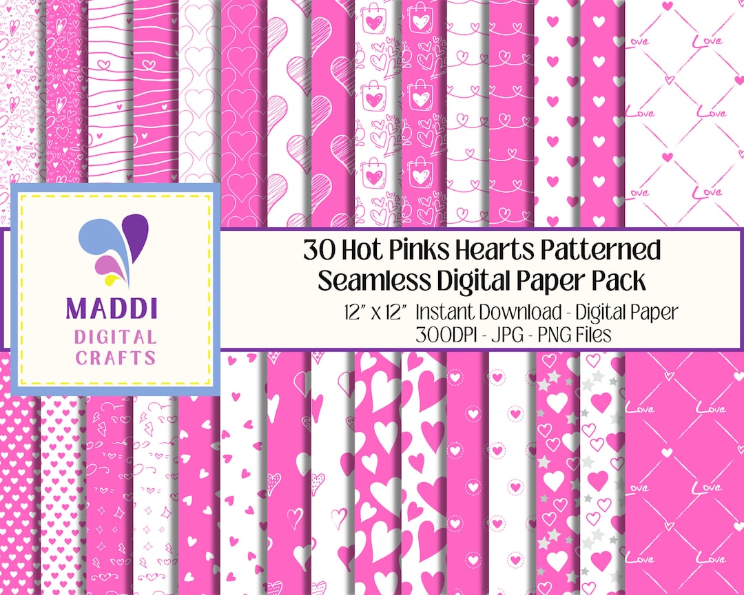 Hot Pink Hearts Printable Patterned Paper Pack Digital Downloadable ...