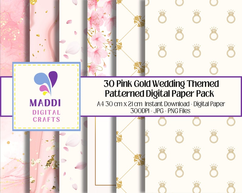 Pink Gold Wedding Themed Printable Paper Patterns Digital Instant ...