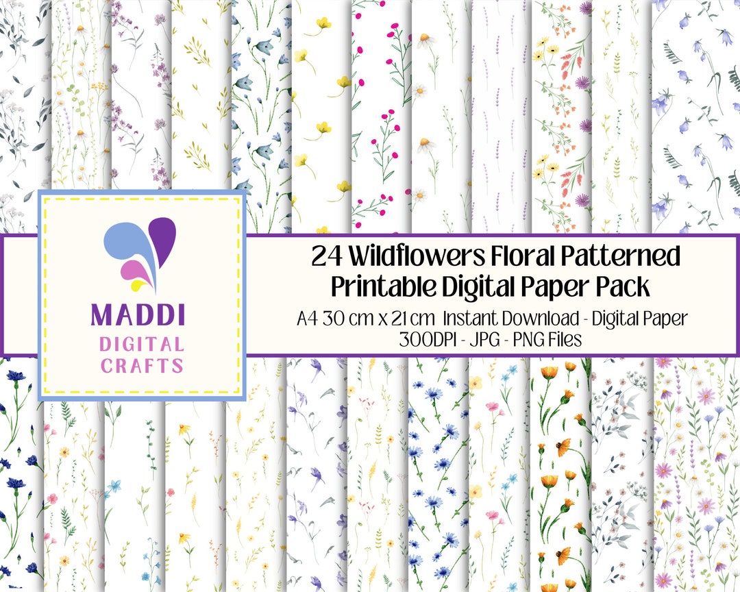 Wildflowers Floral Patterned Digital Paper A4 Floral Printable Card ...