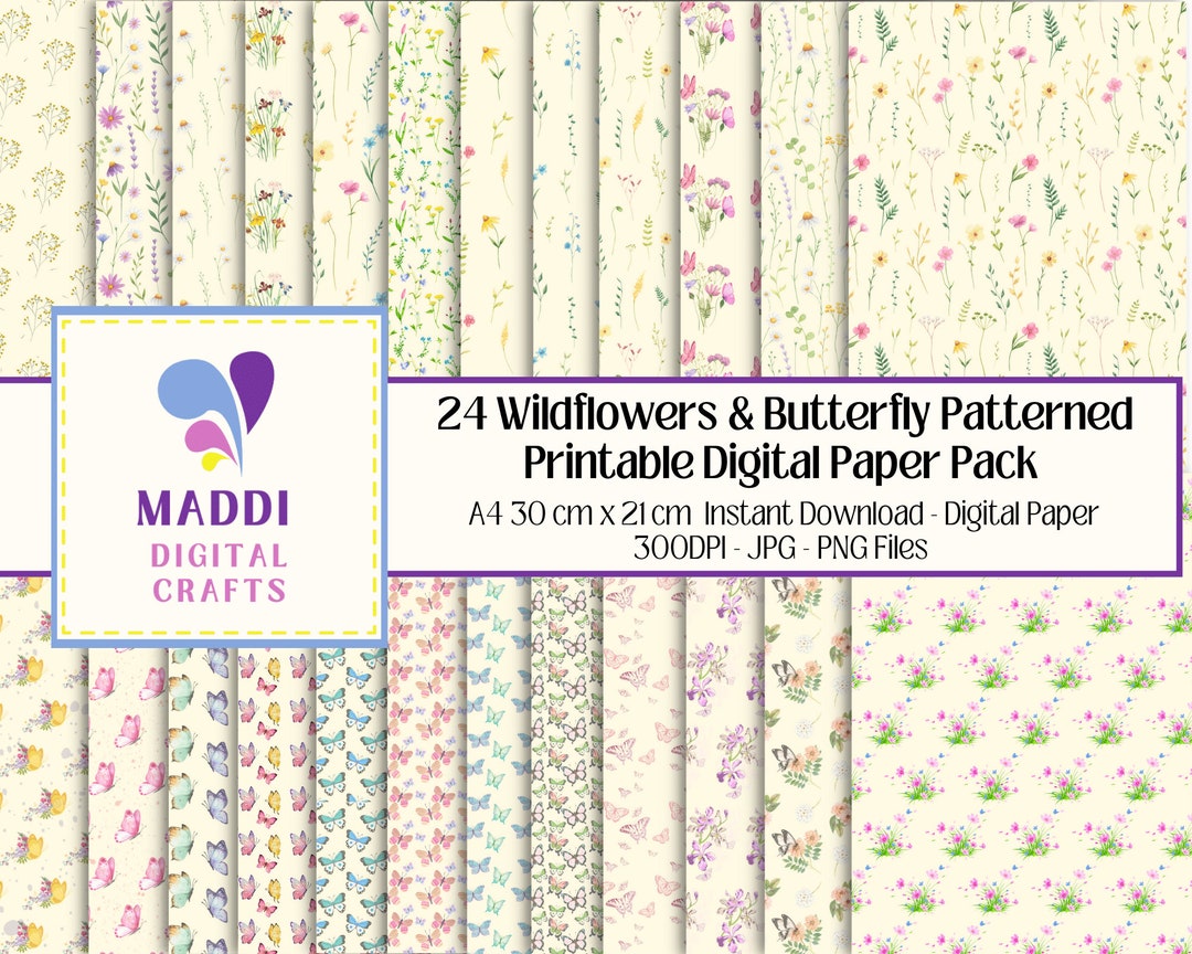 Wildflowers Butterflies Digital A4 Downloadable Printable Floral Card ...