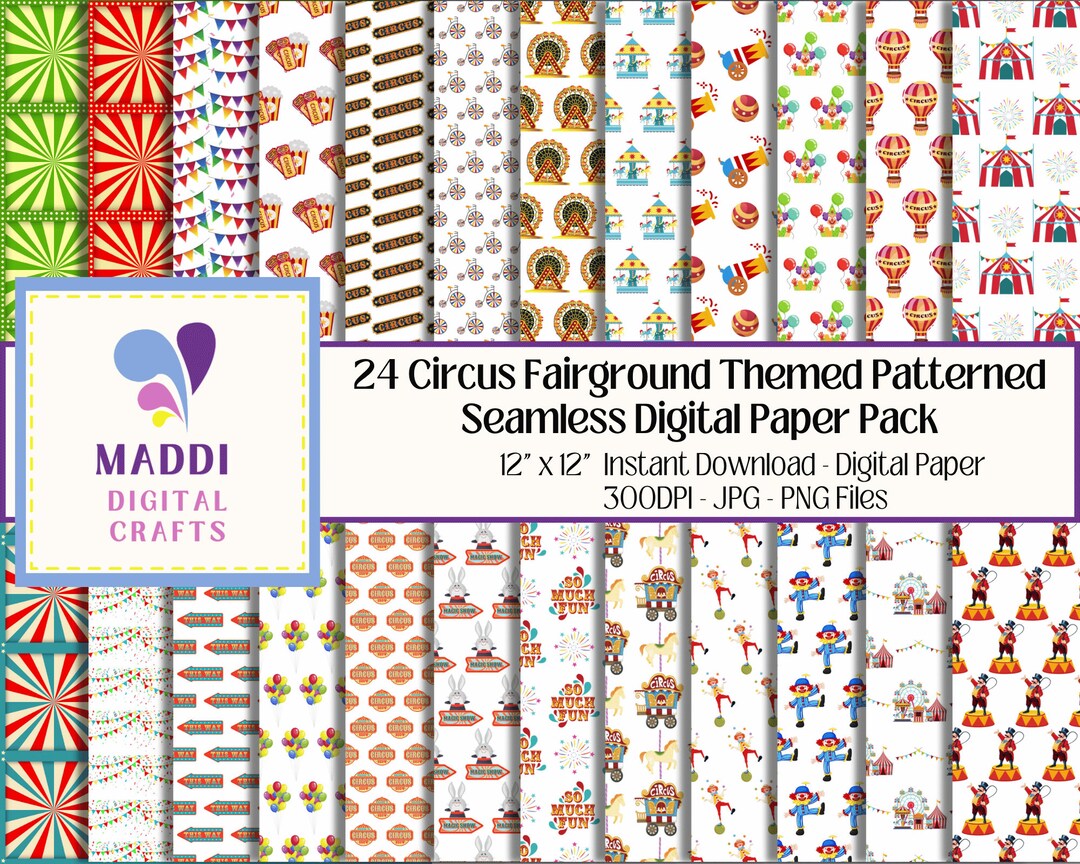Circus Themed Seamless Patterns Fairground Digital 12 X 12 Downloadable ...