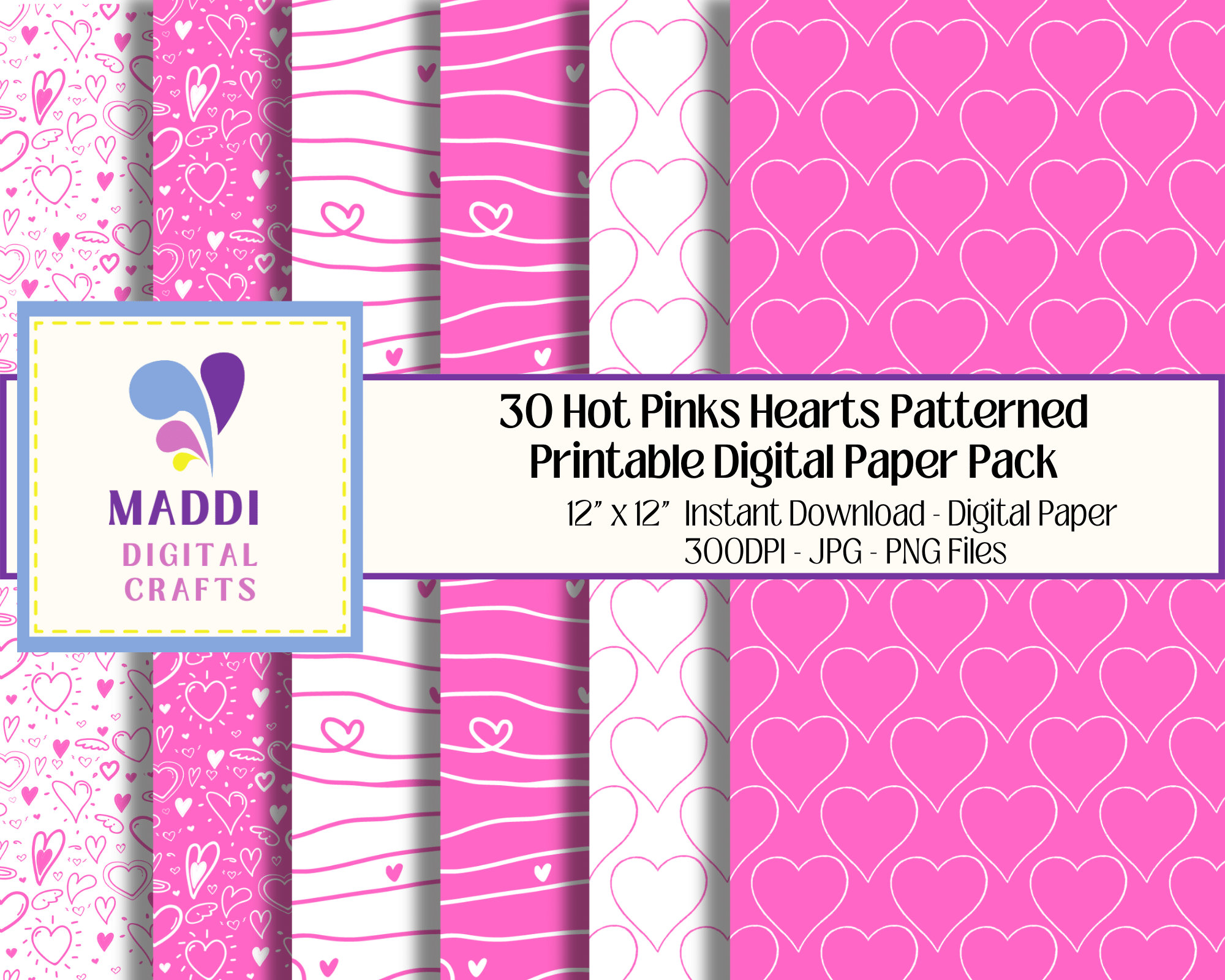 Hot Pink Hearts Printable Patterned Paper Pack Digital Downloadable ...