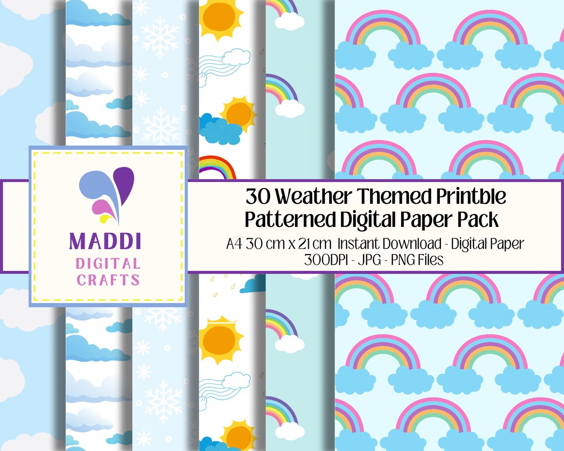 Weather Patterned Digital Paper Patterns Suns Clouds Printable ...