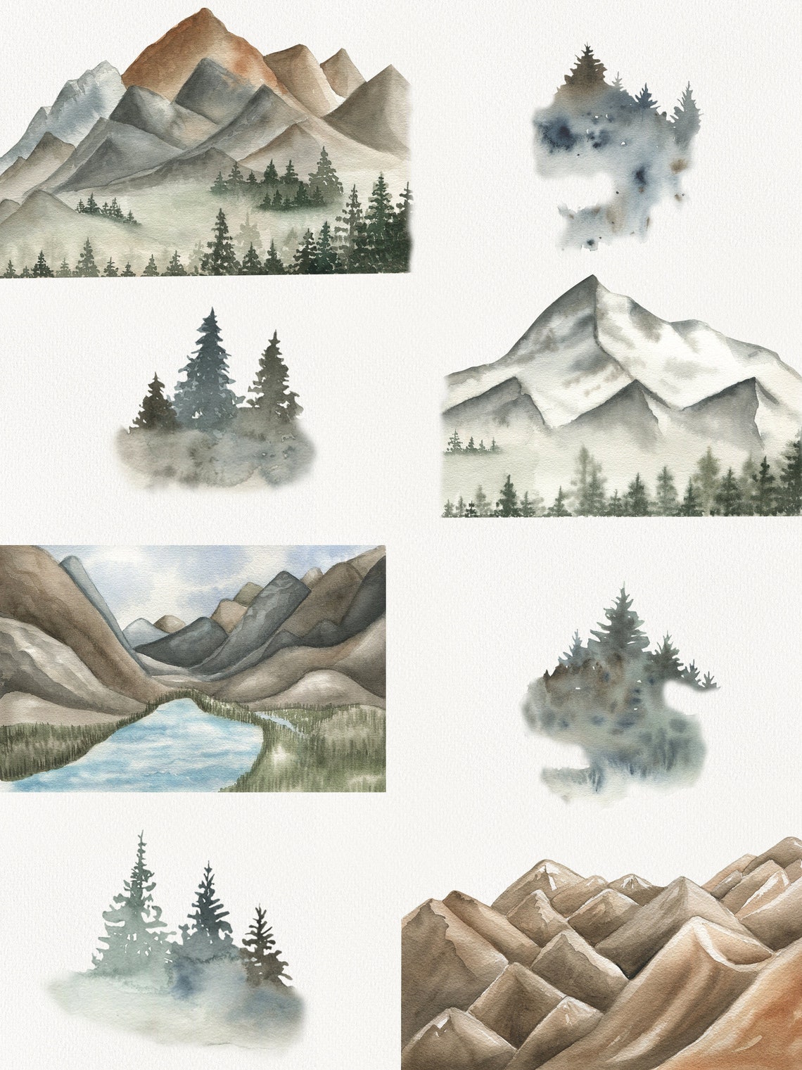 Watercolor Forest Digital Clipart. Mountain Forest and Landscape in PNG ...