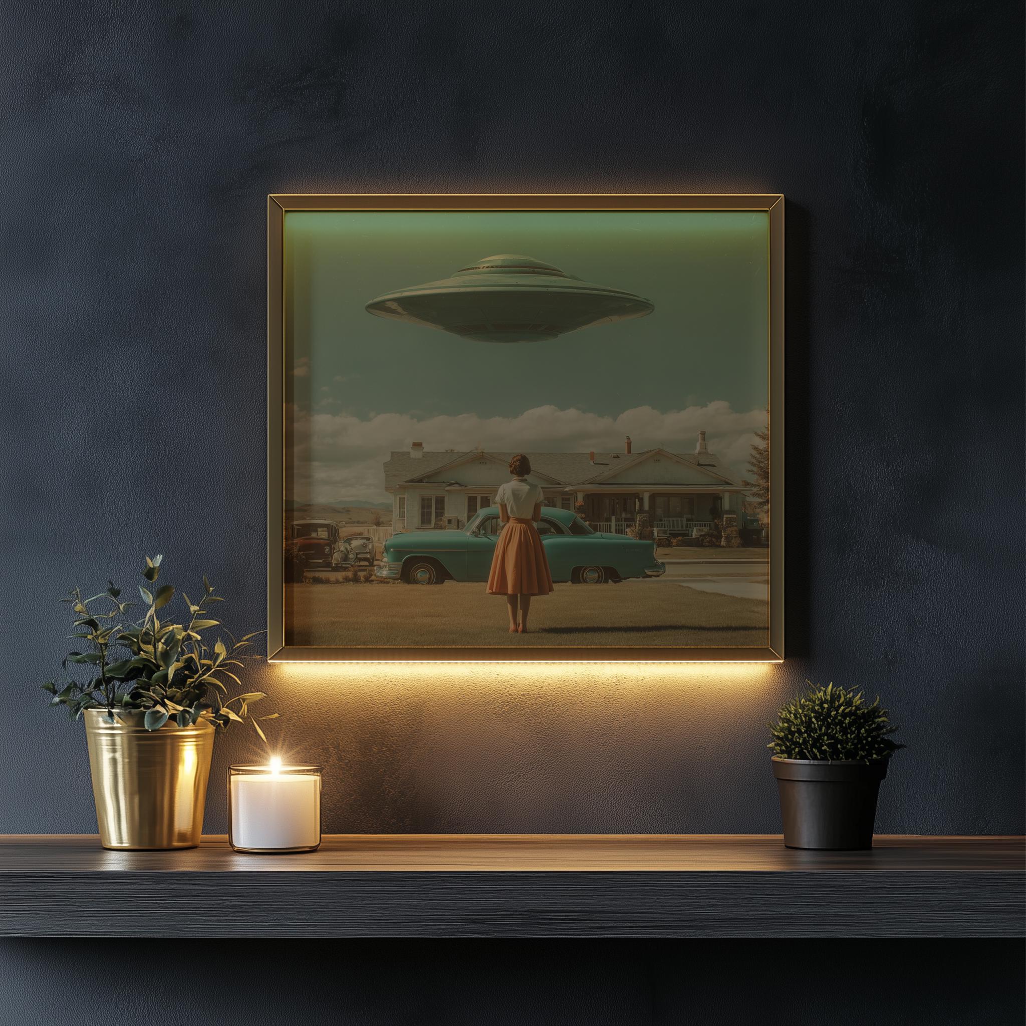 Vintage UFO Over Suburban Scene - Retro 1950s Housewife, Printable ...