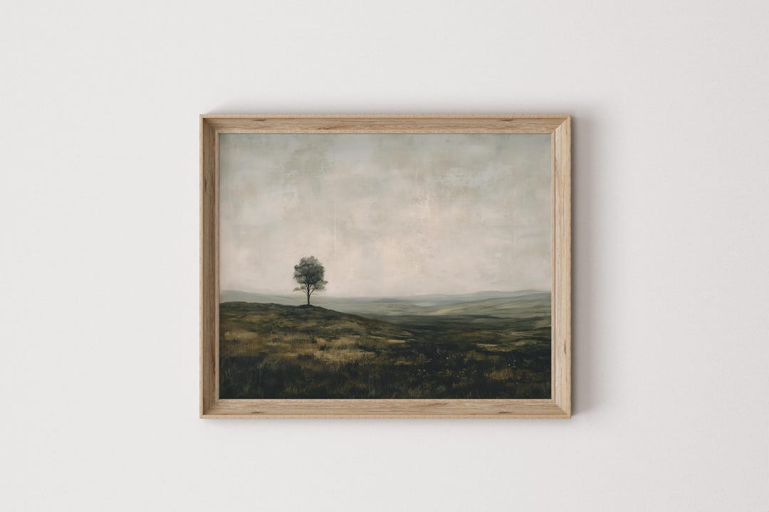 Rustic Moorland Landscape Printable - Lone Tree Oil Painting, Earthy ...