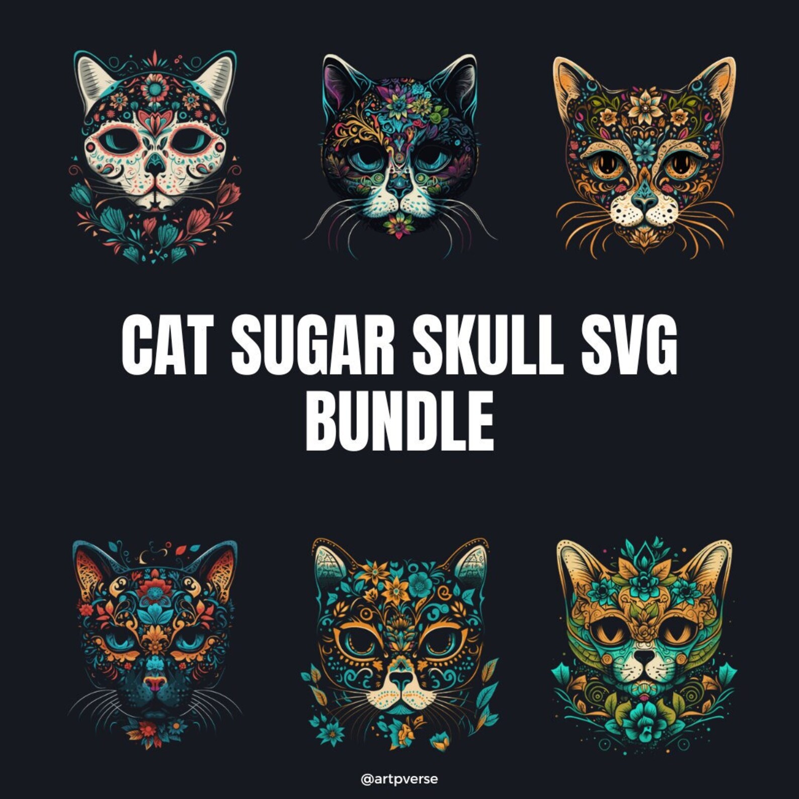 Cat Sugar Skull Svg Skulls Bundle of 10 Transparent Background - Etsy