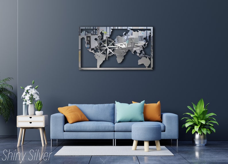 Metal World Map Wall Art, World Map Compass Continent, Interior ...