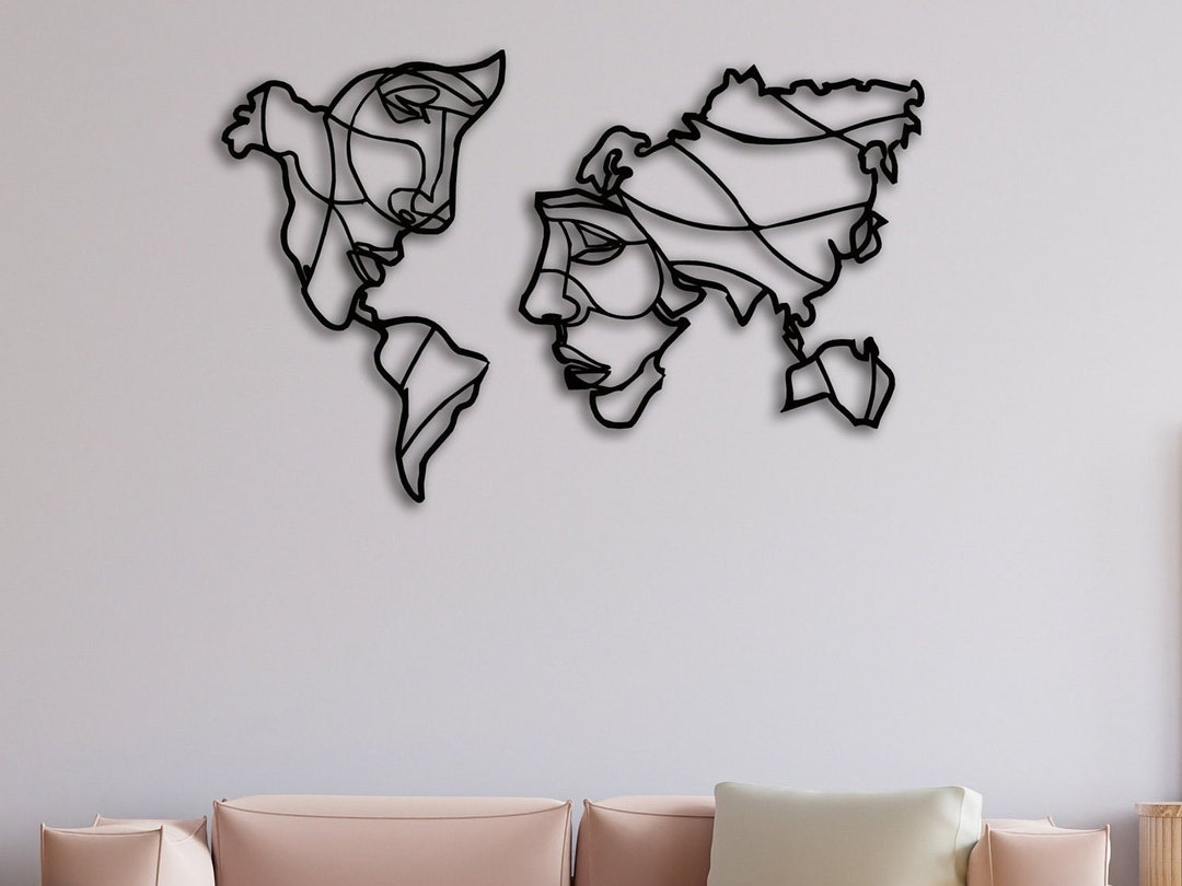 Faces of World Map Metal Wall Art, Metal World Map Wall Art, Traveller ...