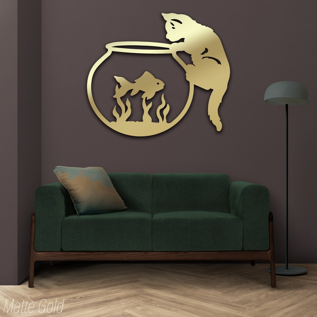 Cat and Fish İn A Fishbowl, Fish and Cat Metal Wall Art, Fish Wall Art ...