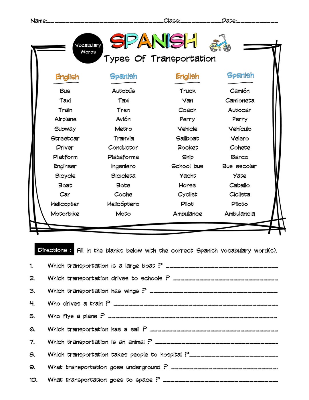 Spanish Types of Transportation Vocabulary Word List Worksheet - Etsy
