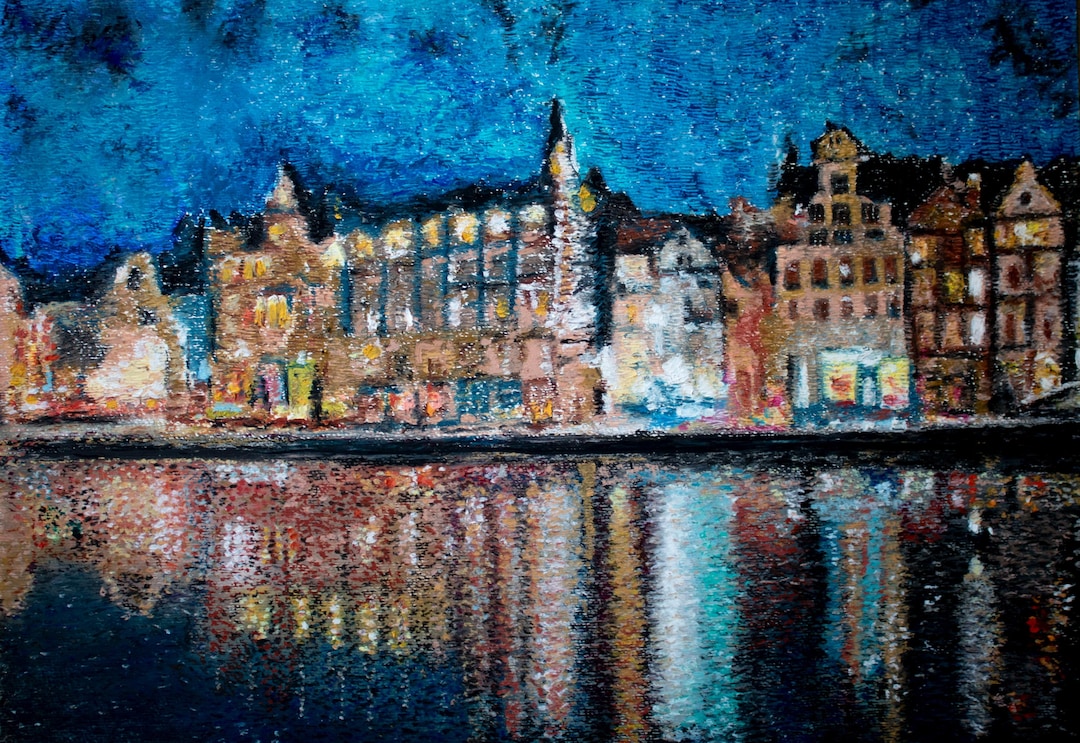 Original the Shore at Night, Leith, Edinburgh Oil Pastel Painting ...