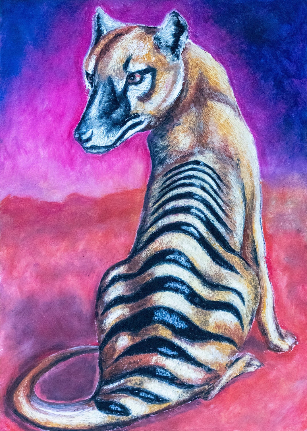 Original Thylacine (tasmanian Tiger) Portrait Oil Pastel Painting ...