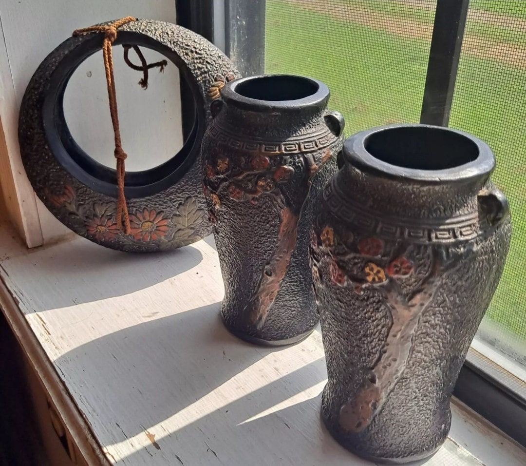 Vintage Tokanabe Black Ware Japanese 1920's 3 Matching Vases Inc ...