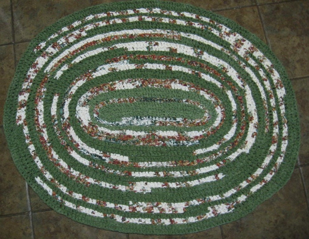 Handmade - Crochet - Cotton Rag Rug / Greens & Creams W/greenborder 40 ...