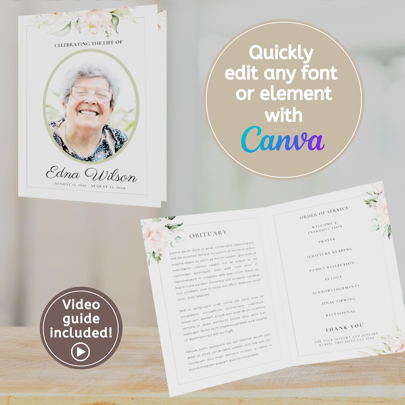 Editable Blush Floral Funeral Program Template | Modern Celebration of ...