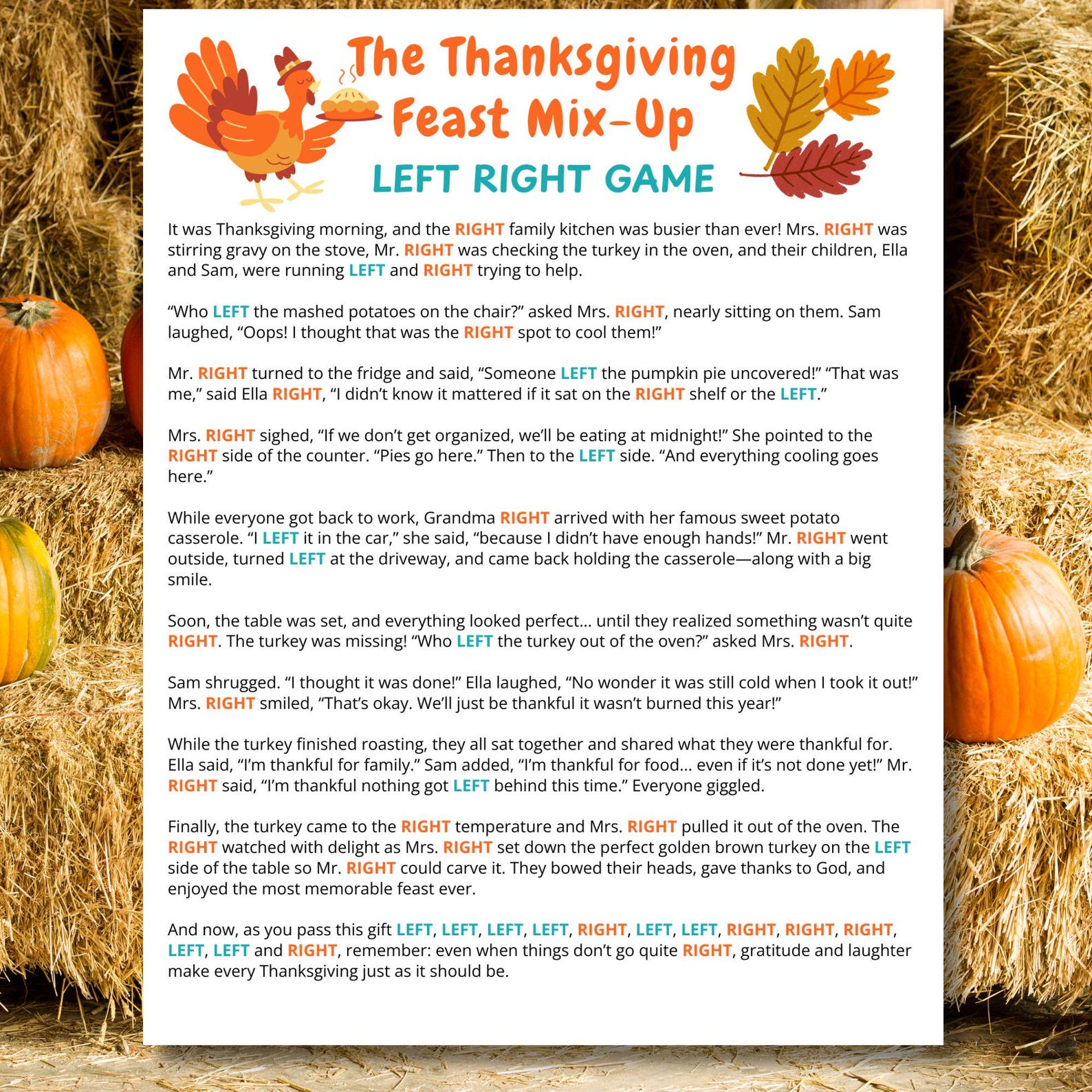 Thanksgiving Left Right Game PDF | "the Thanksgiving Feast Mix-up ...