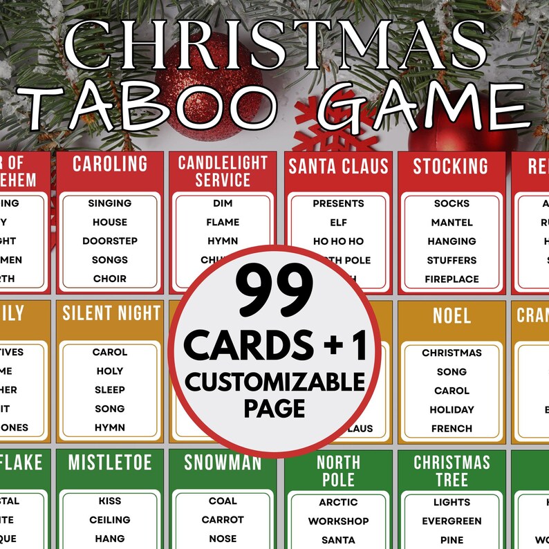 Christmas Taboo Game Printable With 99 Unique Cards | Forbidden Words ...