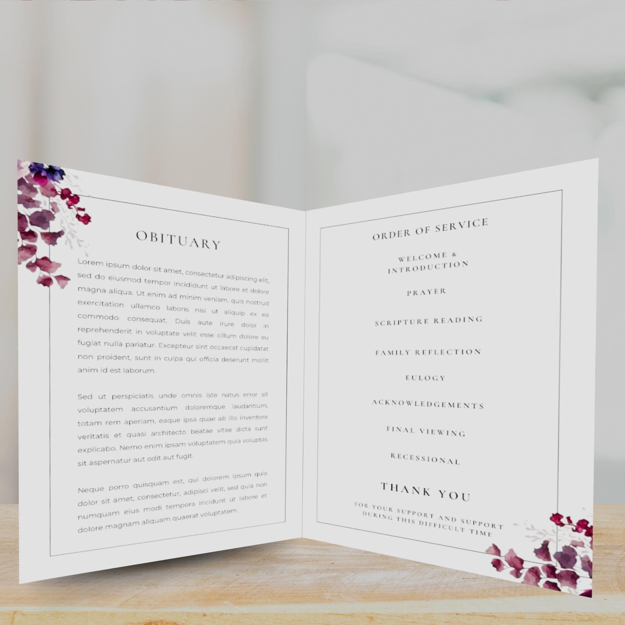 Editable Burgundy Floral Funeral Program Template | Modern Celebration ...