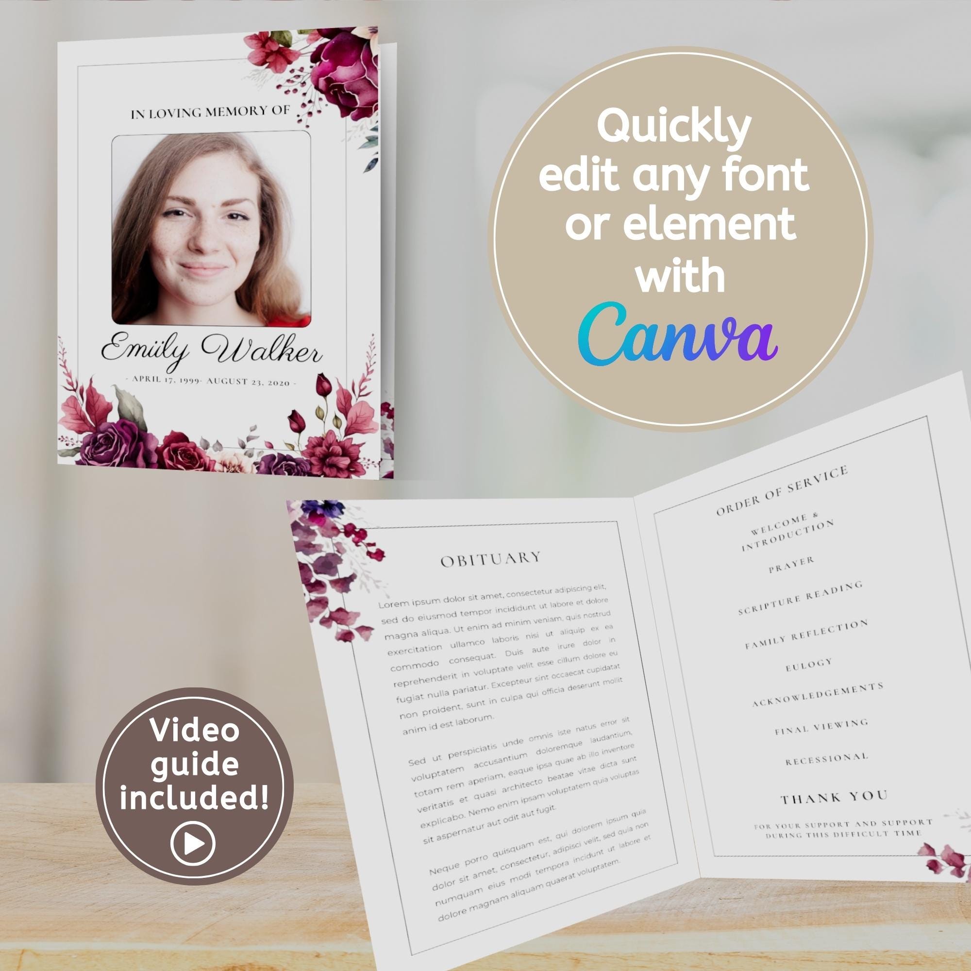 Editable Burgundy Floral Funeral Program Template | Modern Celebration ...