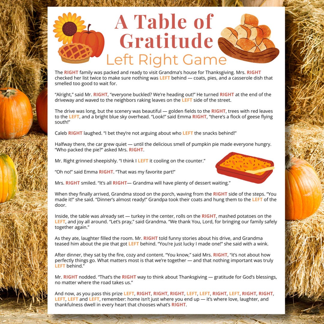 Thanksgiving Left Right Game PDF | "a Table of Gratitude" Story ...