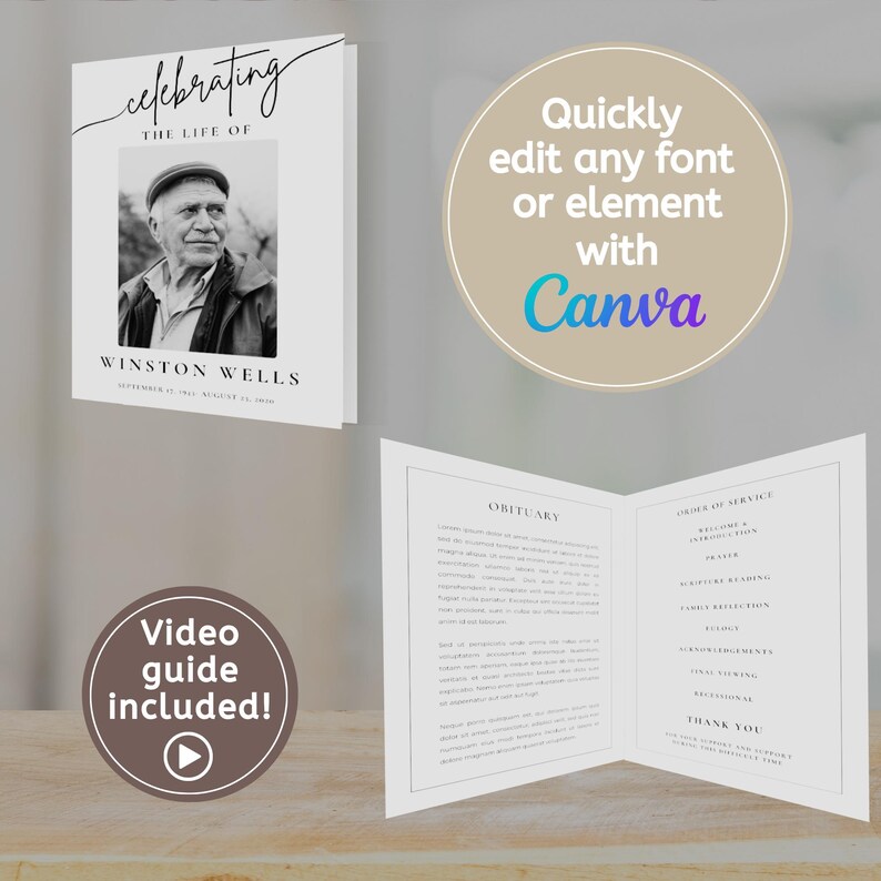 Editable Minimalist Funeral Program | Printable DIY Memorial Template ...