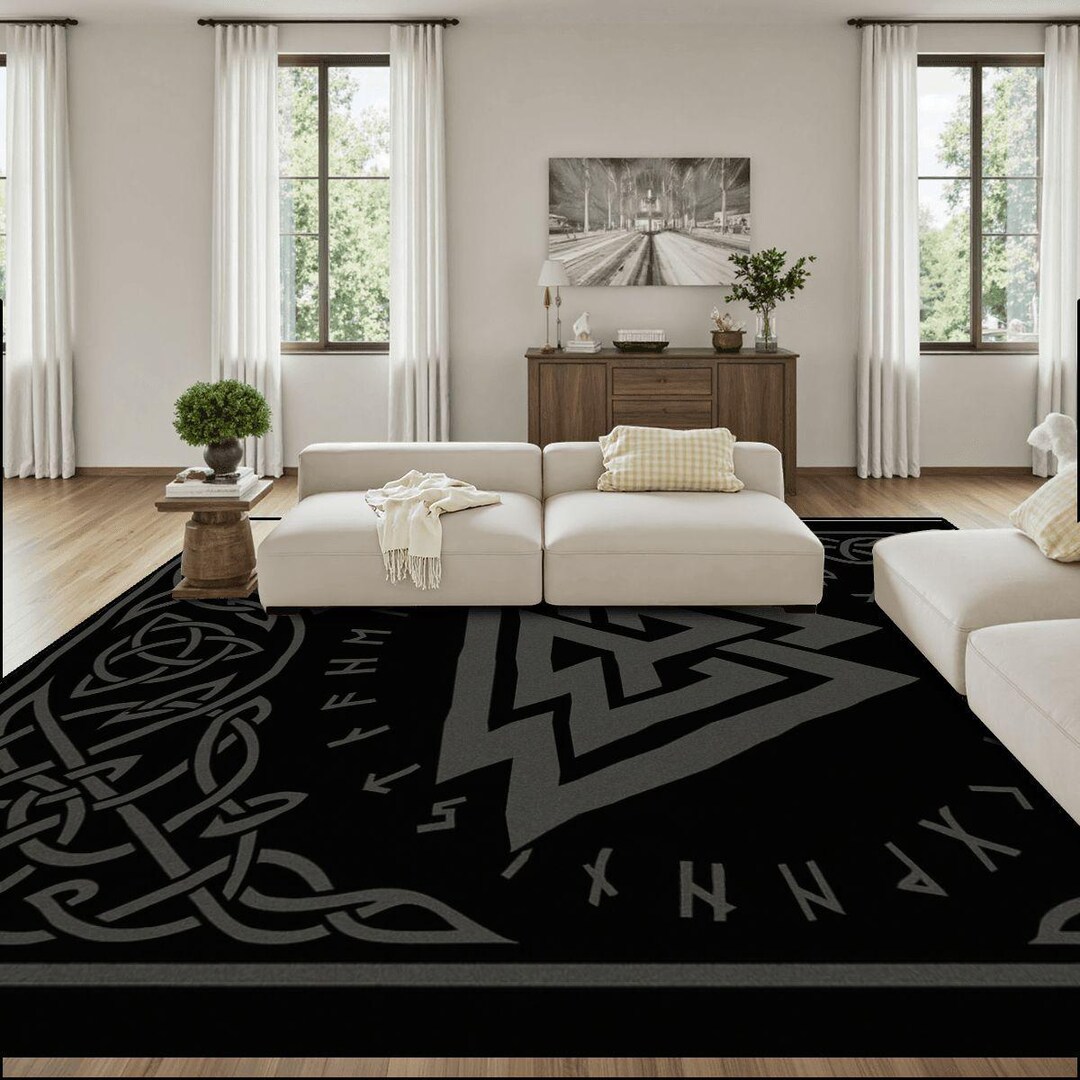 Valknut Viking Area Rug - Black & Gray Norse Tribal Floor Mat - Nordic ...