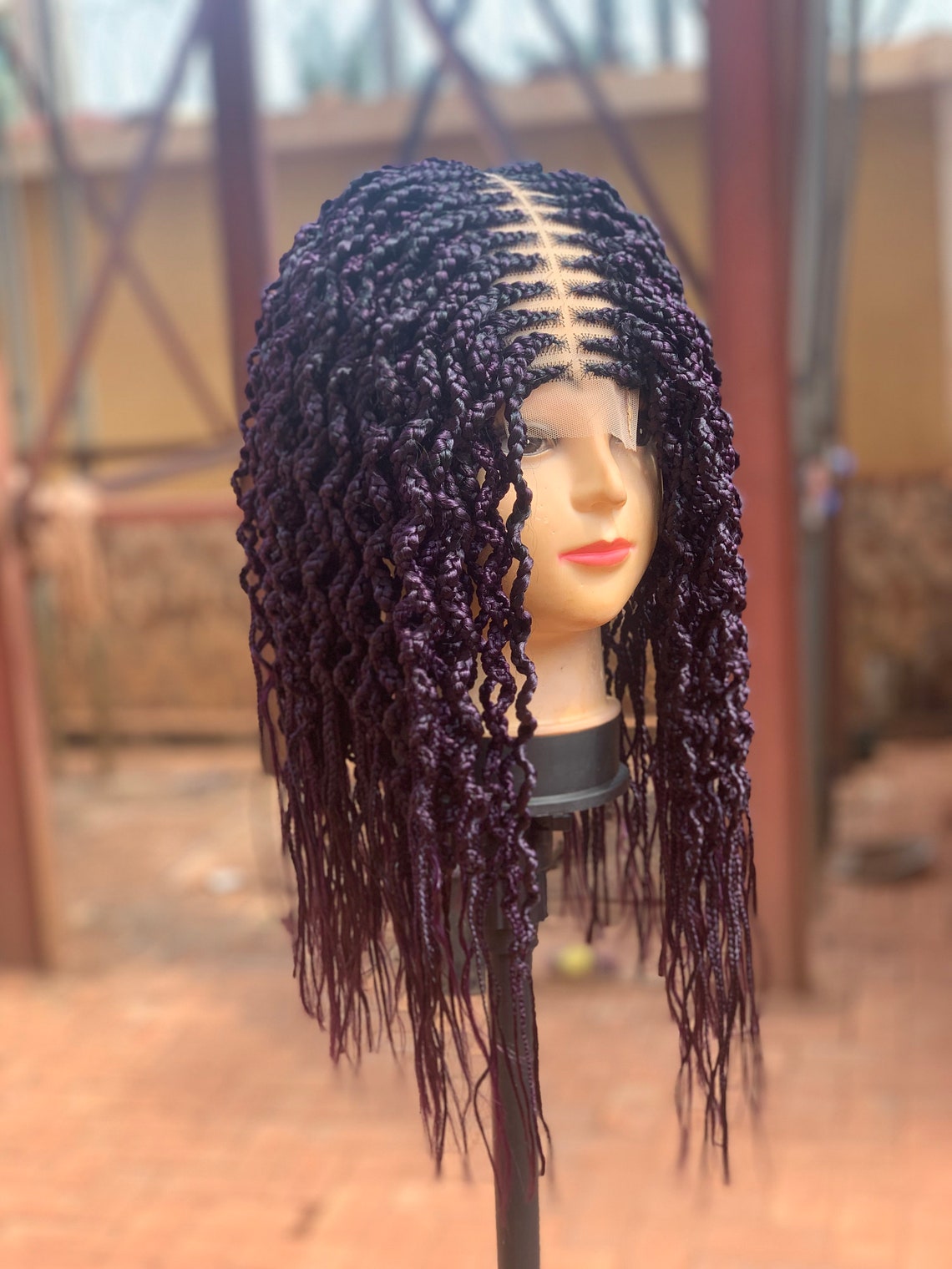 Ghana Weaving Purple Curly Braided Wig, Deep Middle Part Braided Wig ...