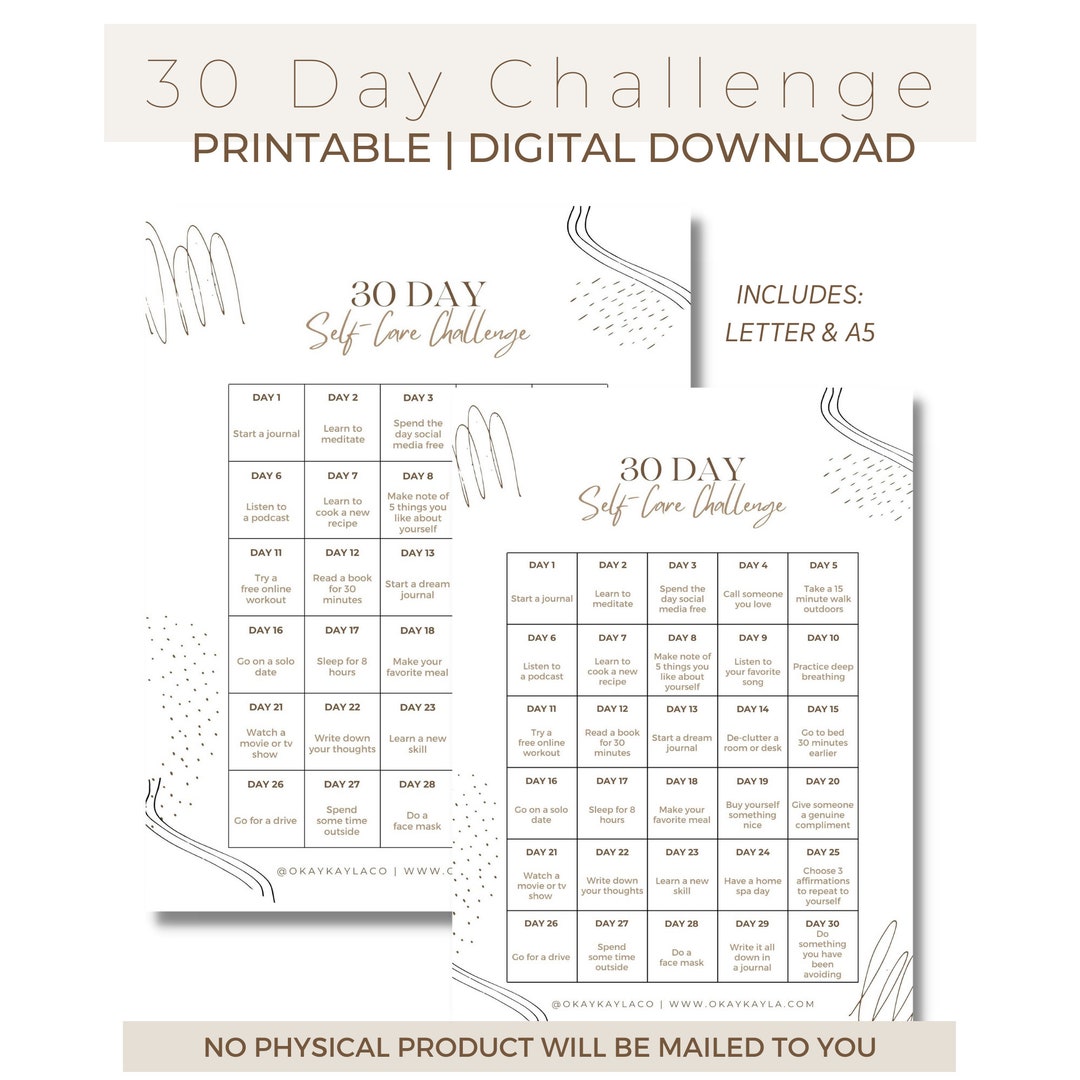30 Day Self-care Challenge PDF Digital Download US Letter, A5 Wellness ...
