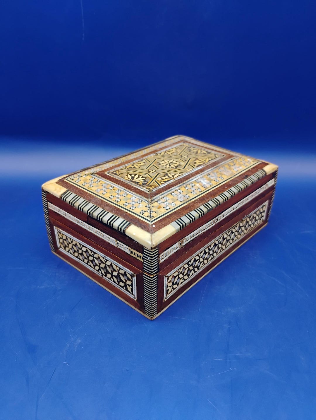 Vintage Inlaid Wooden Jewelry Box | Middle Eastern Mosaic Trinket Box ...