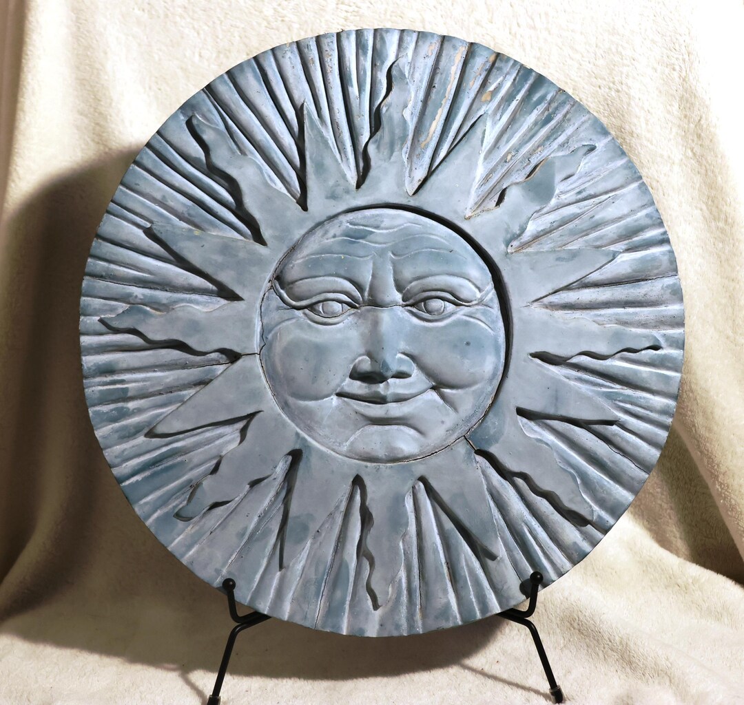 Weathered Soft Blue Sun Face Sculpture 12.5” Vintage Garden Patio Decor ...