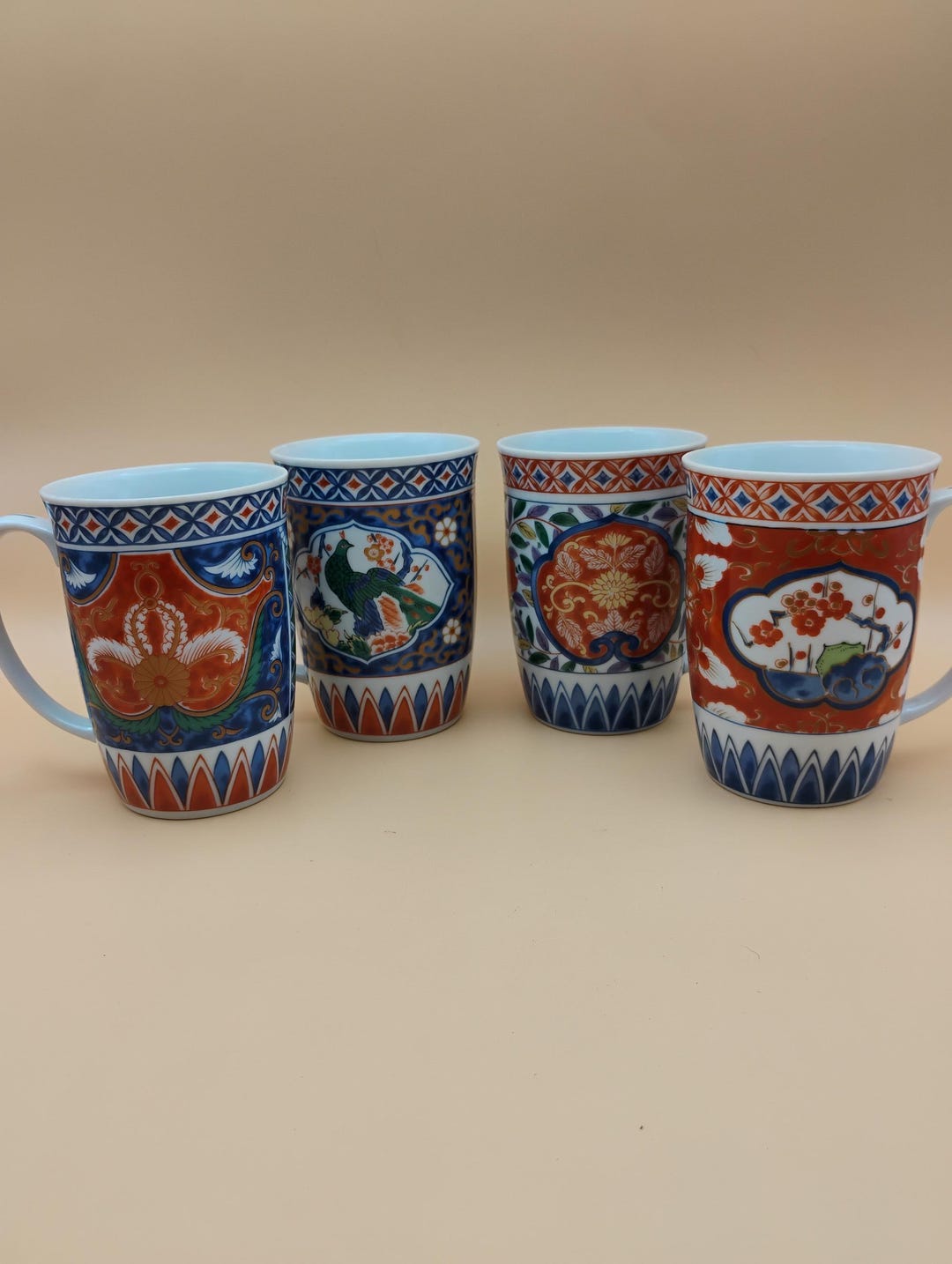 Set of 4 Imari-style Porcelain Mugs – Vibrant Asian Floral & Geometric ...