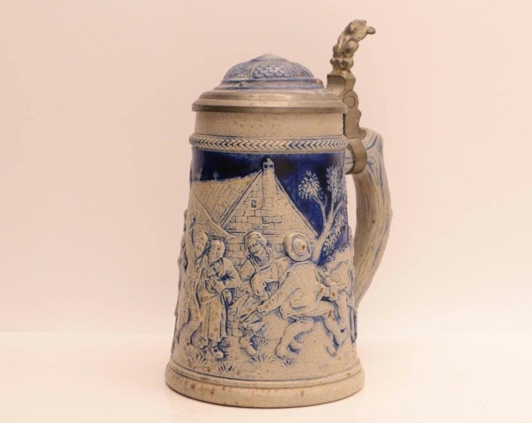 1/2 Litre German Beer Stein With Pewter Lid, Relief Village Party Motif ...