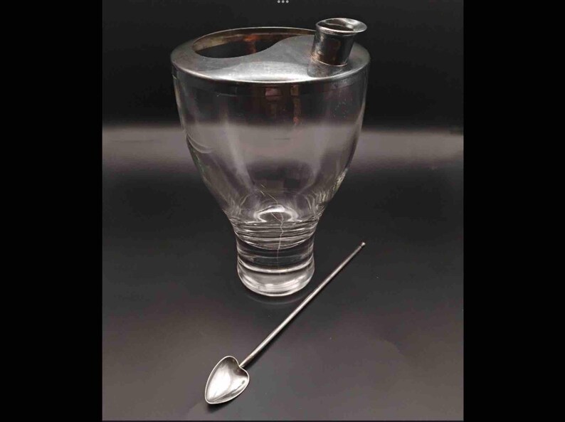 Italian Glass Cocktail Pitcher | Silver Rim Stirrer, Vintage Mid ...