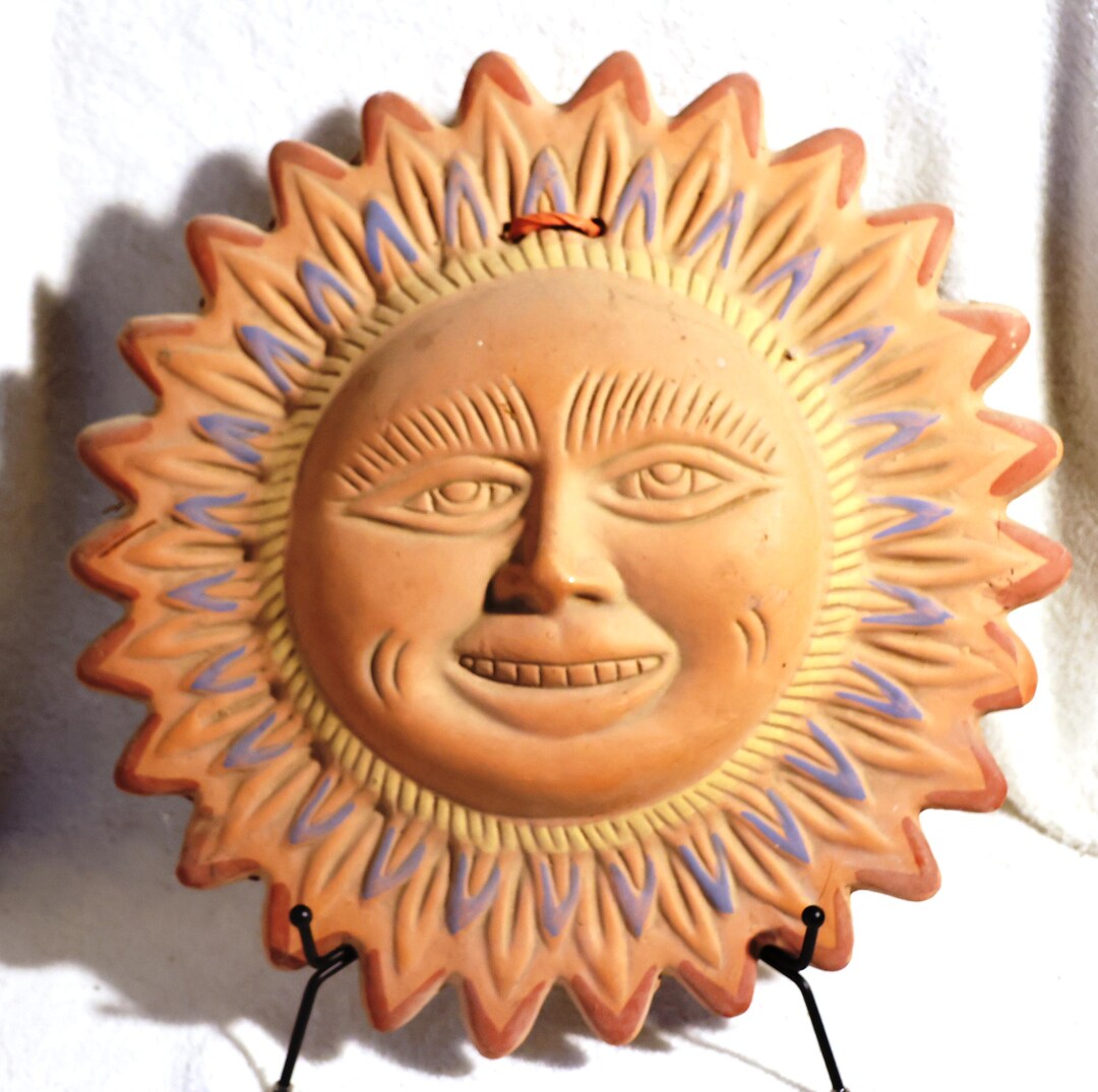 Vintage Terracotta Sun Wall Hanging - Smiling Mexican Sun Face Folk Art ...