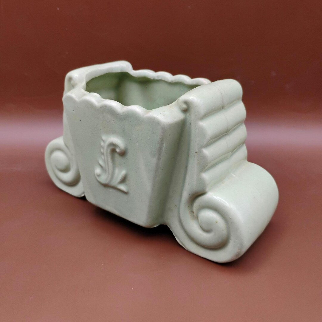 Vintage Ceramic Planter – Scroll Design – Light Green Glaze – 5.5” Wide ...
