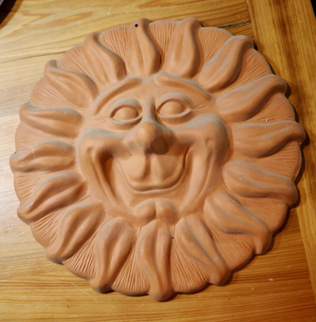 Terracotta Sun Face Wall Art – Smug Clay Garden Decor, Rustic Patio ...