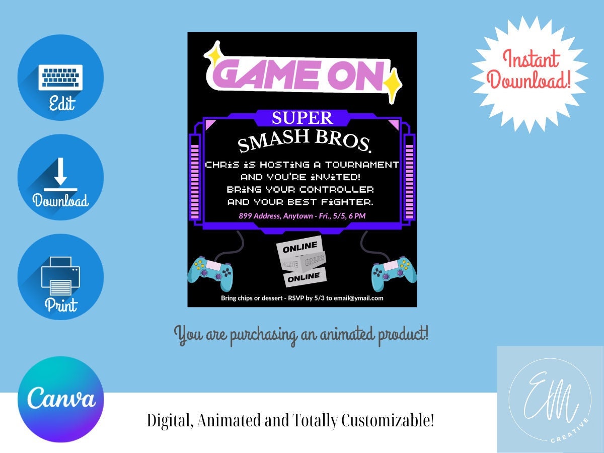 Super Smash Bros Party Invitation Downloadable Customizable Printable ...