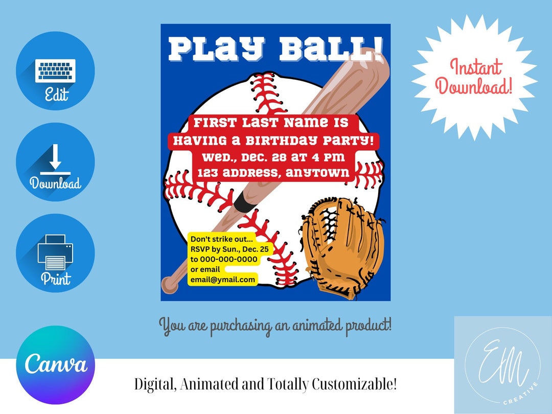 Baseball Party Invitation Downloadable Digital or Printable Made With ...
