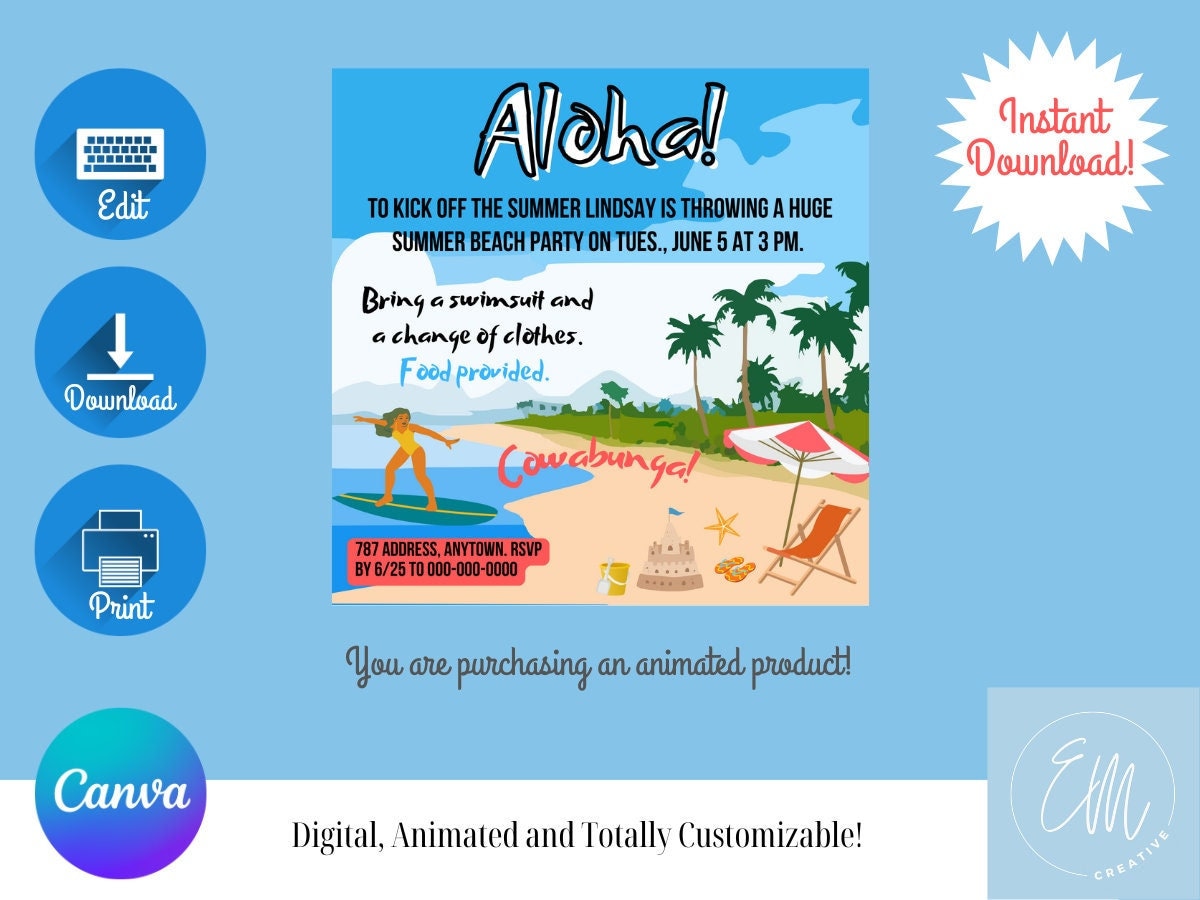 Summer Beach Party Invitation Downloadable Customizable Printable ...
