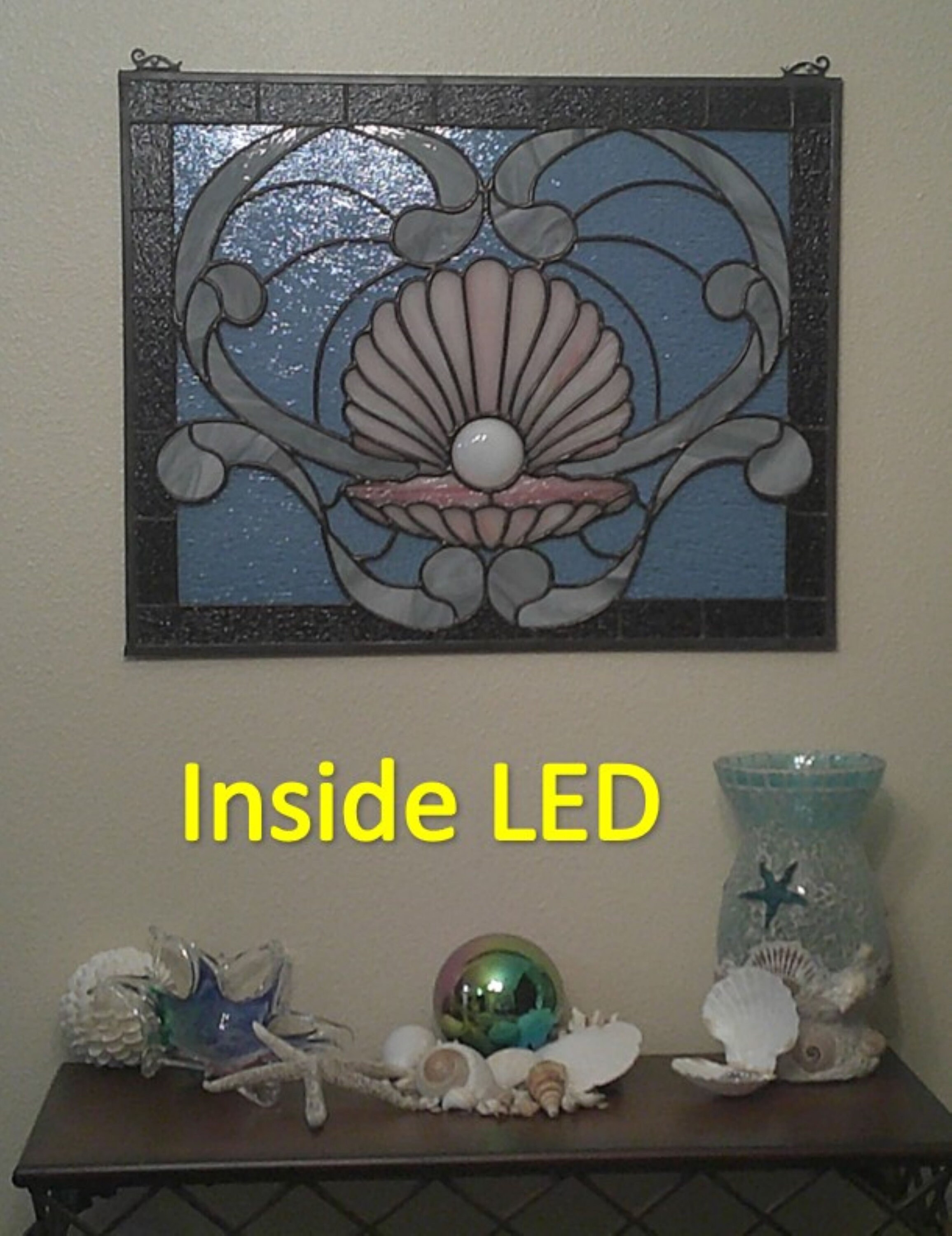 Stained Glass Panel pearl Clamshell 25 X 20 Horizontal Window or Wall ...