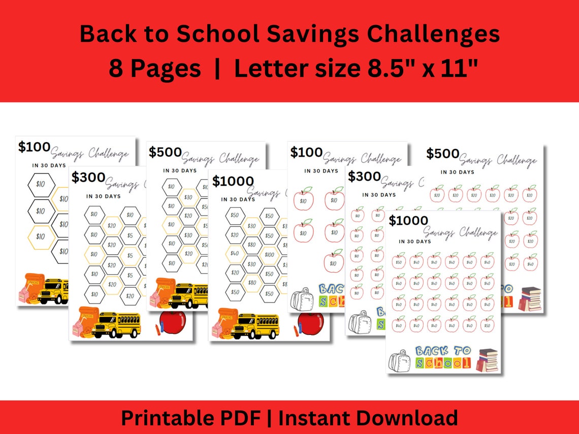 Back to School Money Saving Challenge, Savings Tracker Printables ...