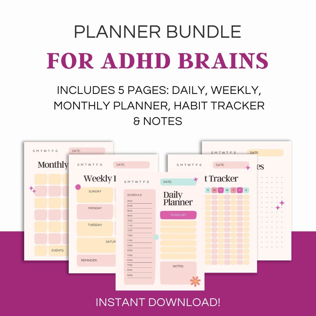 ADHD Planner Bundle Adult, Habit Tracker, Downloadable Planner, Notepad ...