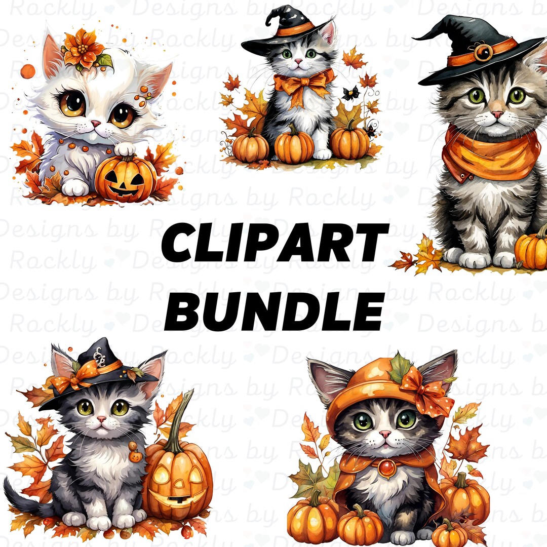 Set of 5 PNG Cute Cats Clipart Bundle Cat Png, Autumn Clipart ...