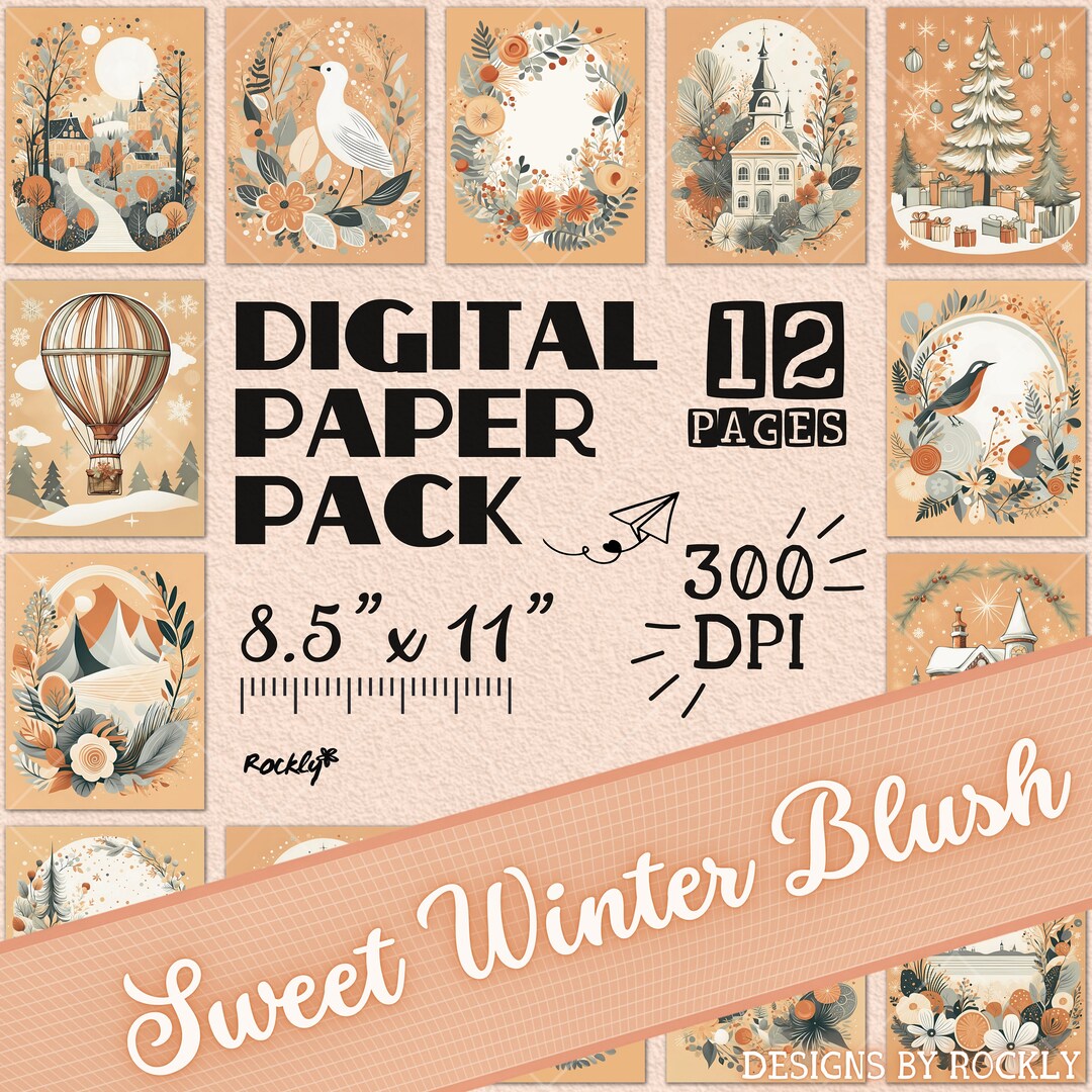 12 Sweet Winter Blush Digital Paper Pack 12 Printable Pages, Size 8 ...