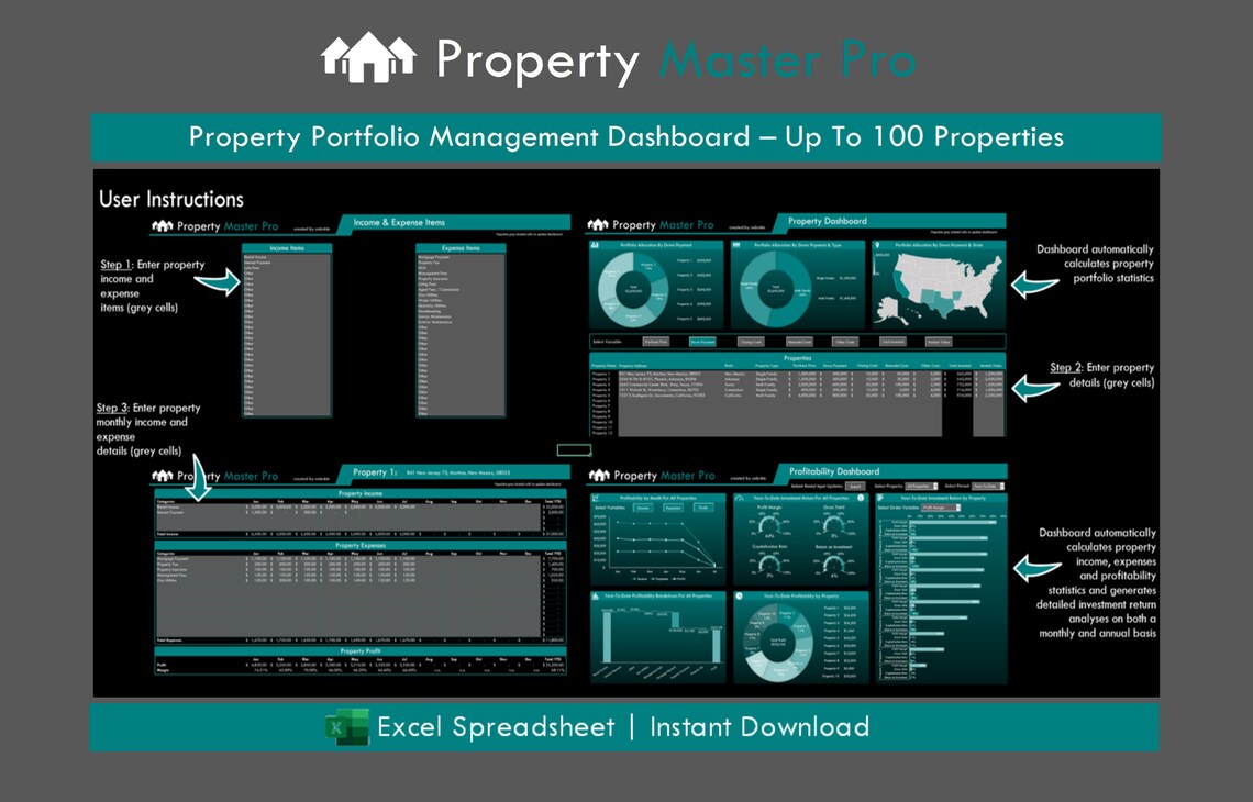 Rental Property Management Analysis Excel Spreadsheet, up to 100 ...